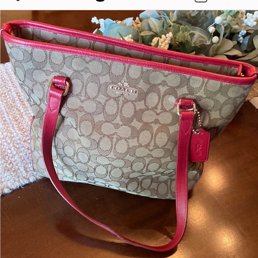 Coach Tan Signature Monogram Tote. Gold Hardware. Red… - Gem